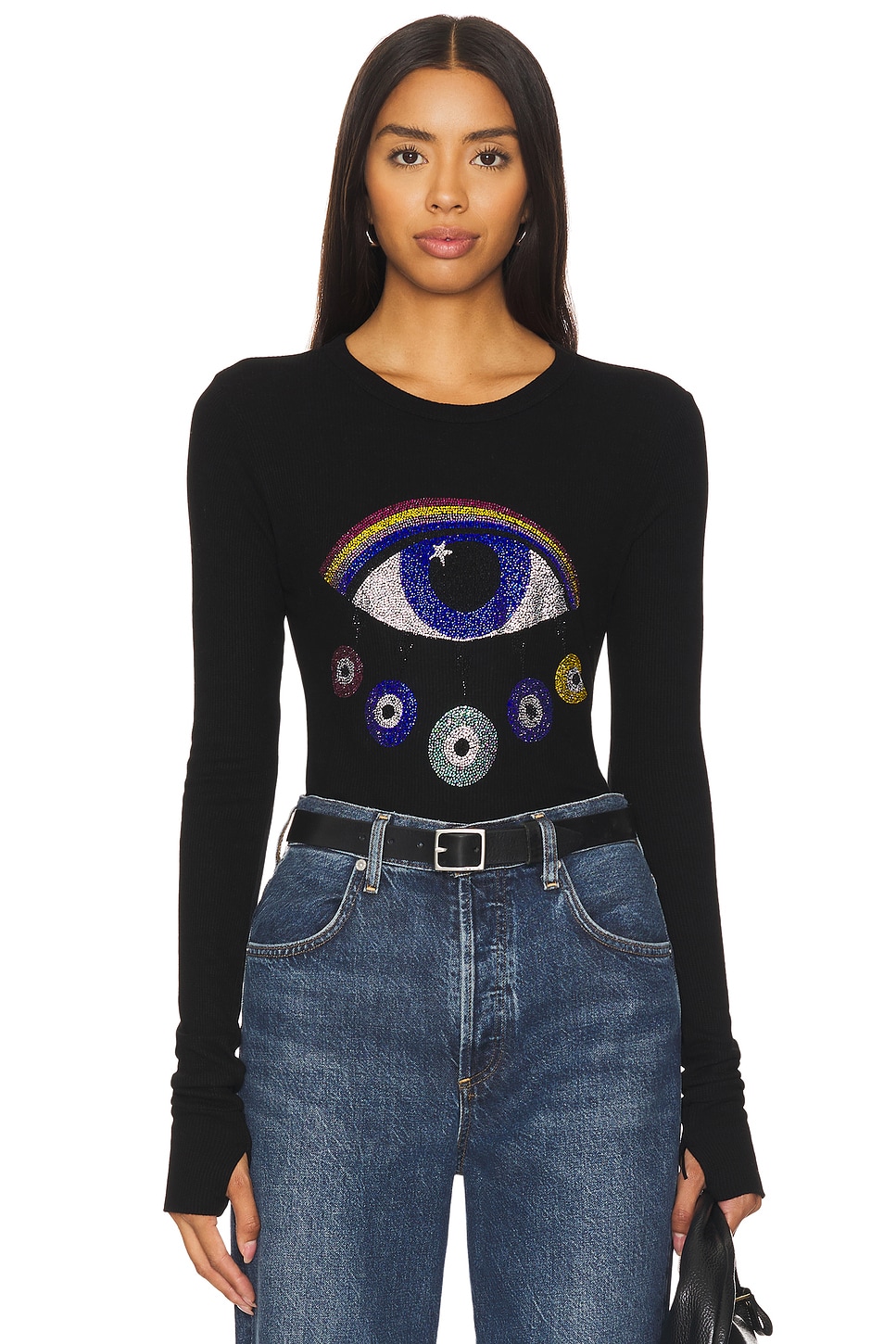 Lauren Moshi Mckinley Crystal Rainbow Evil Eye Top in Black | REVOLVE