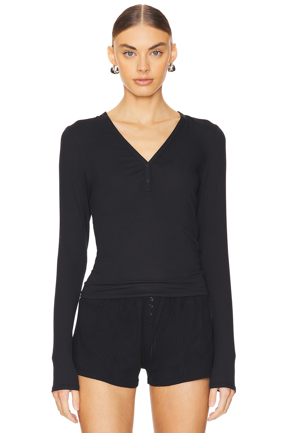 LUNYA Soft Modal Rib V-neck Henley in Immersed Black | REVOLVE