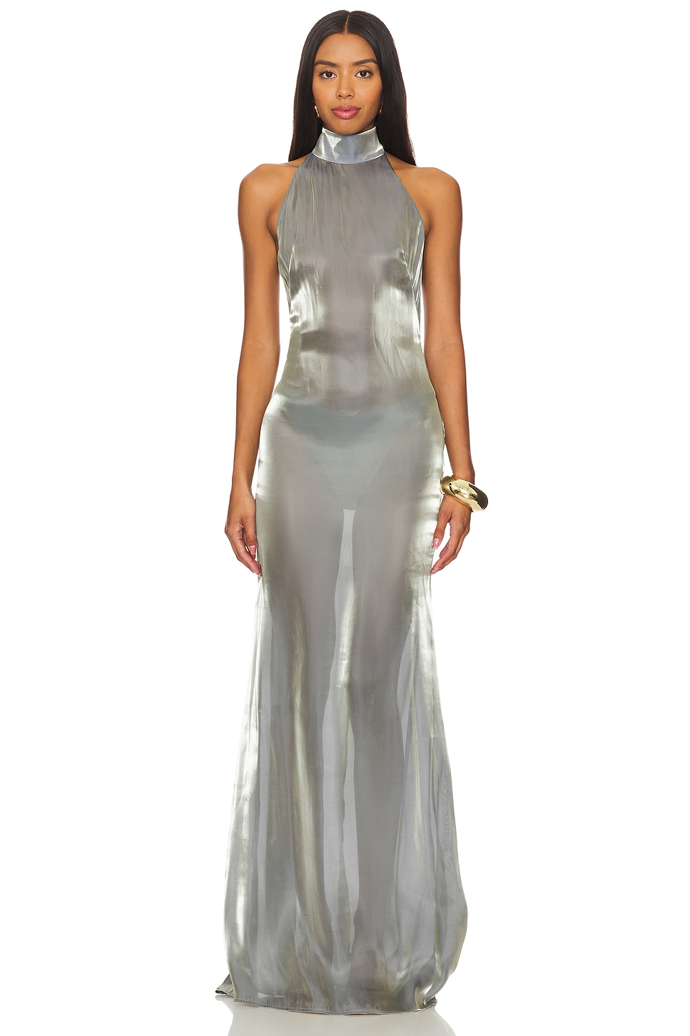 Lapointe Metallic Organza Halter Open Back Gown in Steel | REVOLVE