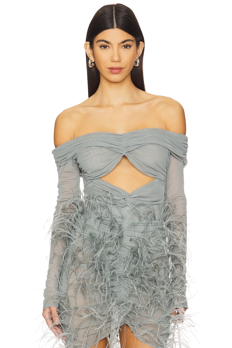 Lapointe Mesh Off The Shoulder Cut Out Ruched Bodysuit in Jade | REVOLVE