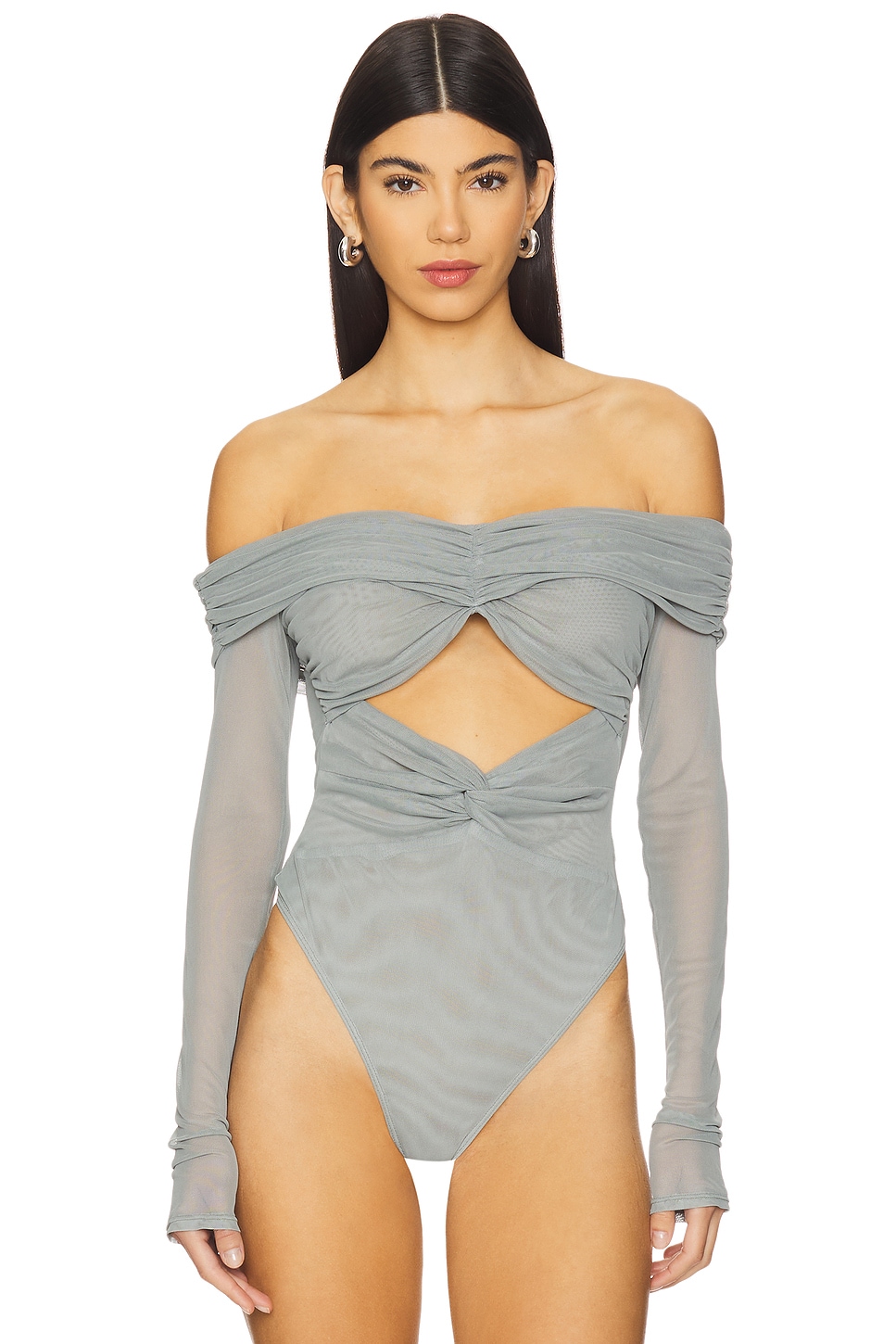 Lapointe Mesh Off The Shoulder Cut Out Ruched Bodysuit in Jade | REVOLVE