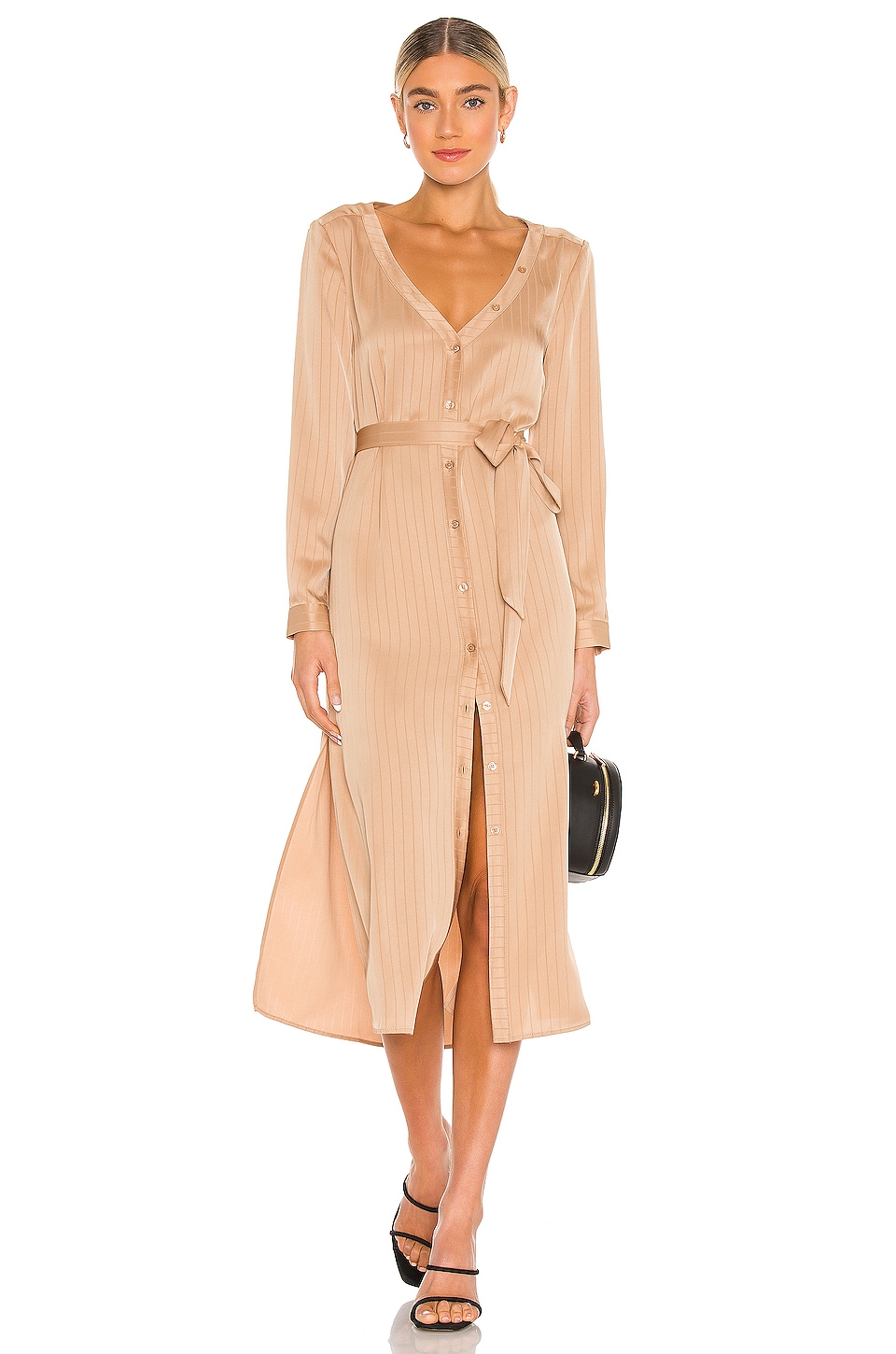 LPA Open Neck Button Up Shirt Dress in Champagne Beige | REVOLVE