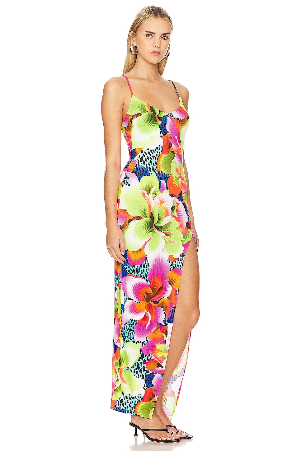Luli Fama Tropical Illusions Fitted Side Slit Maxi Dress in Multi Blue ...