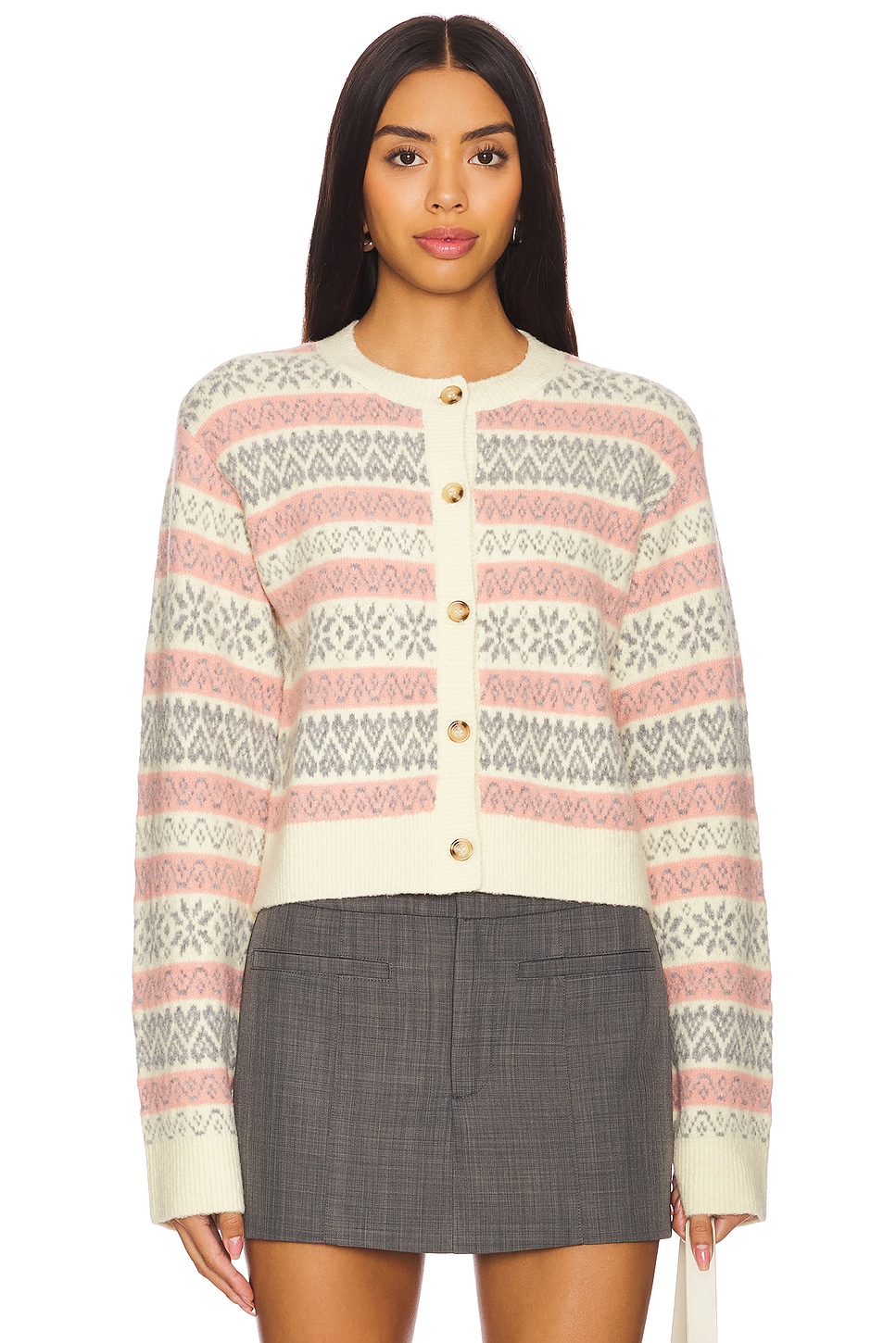 MAJORELLE Annalee Fairisle Cardigan in Pink & Ivory Multi | REVOLVE