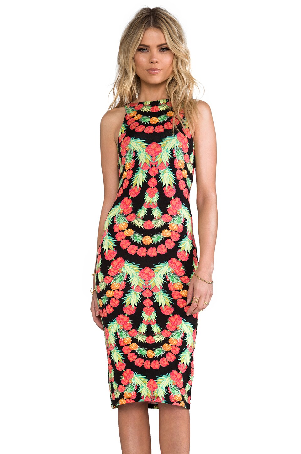 Mara Hoffman Modal Fitted Mid Calf Dress in Garlands Black | REVOLVE