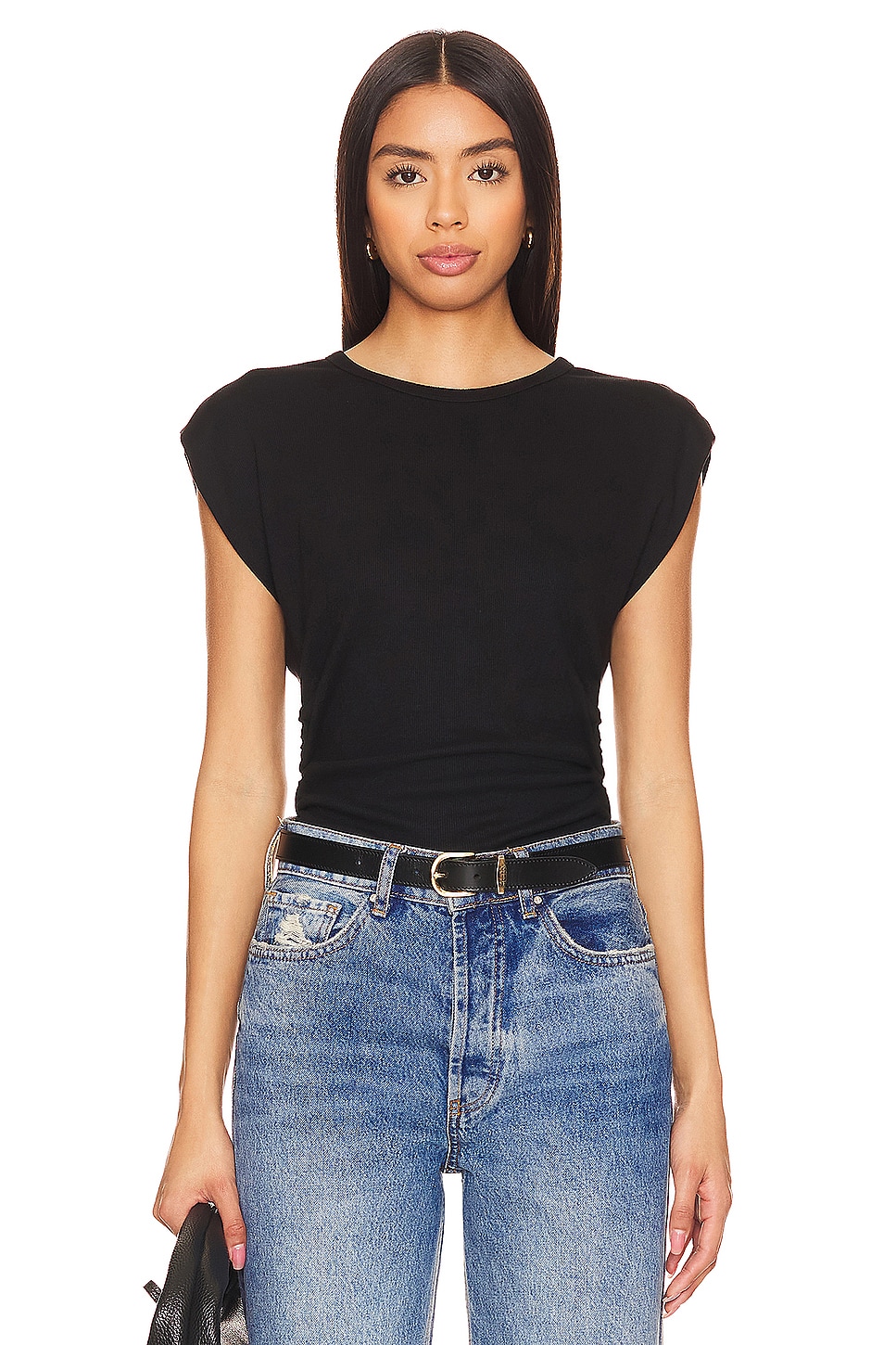 Michael Stars Joni Crew Neck Power Shoulder Top in Black | REVOLVE