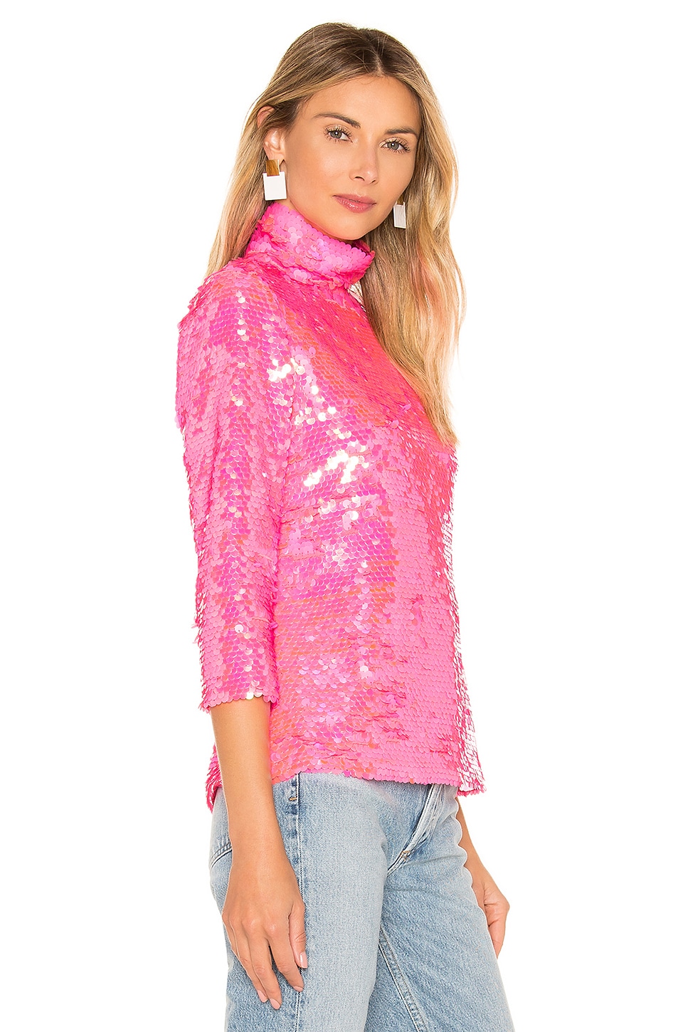 MILLY Sequin Turtleneck in Neon Pink | REVOLVE