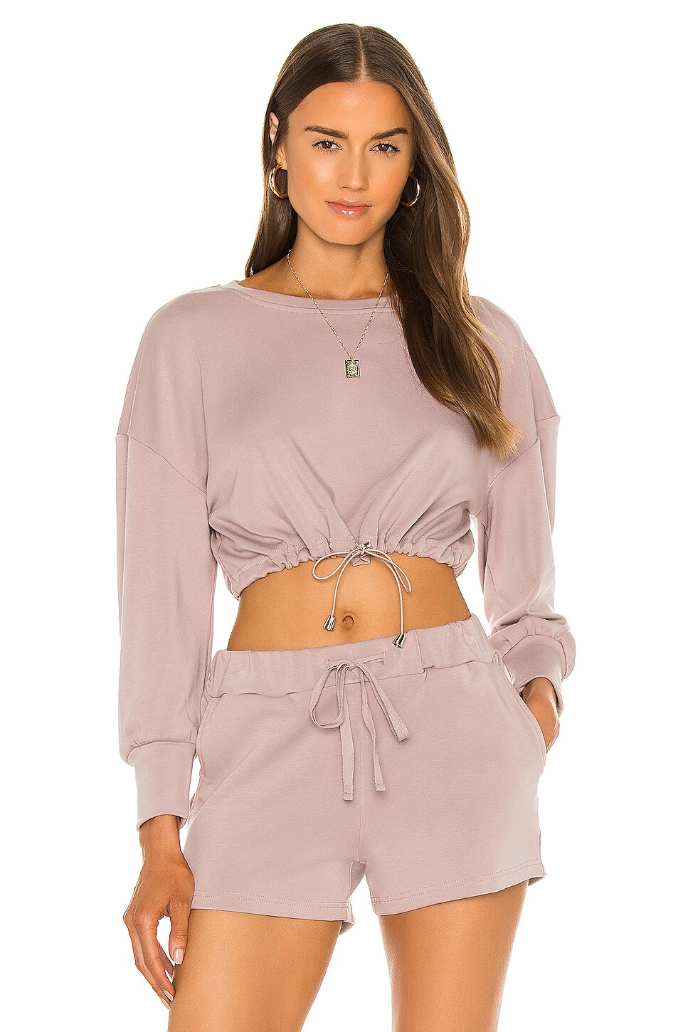Mina Lisa Branded Brushed Cropped Cinch Pullover in Mauve | REVOLVE