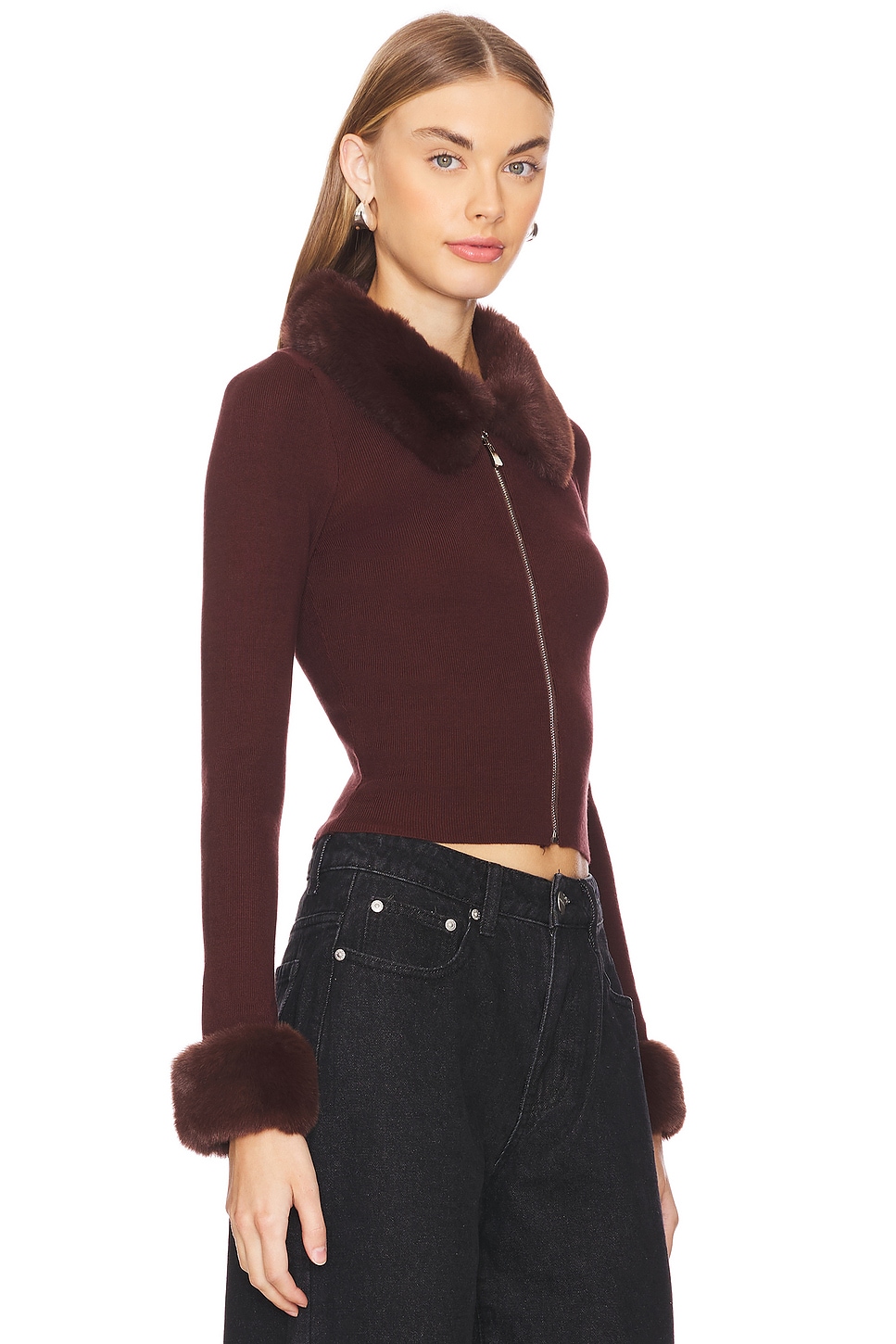 MORE TO COME Natalie Knit Zip Cardigan in Chocolate Brown | REVOLVE