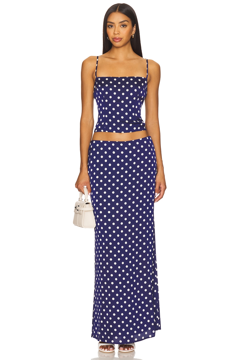 MORE TO COME Annie Maxi Skirt in Navy Polka Dot | REVOLVE