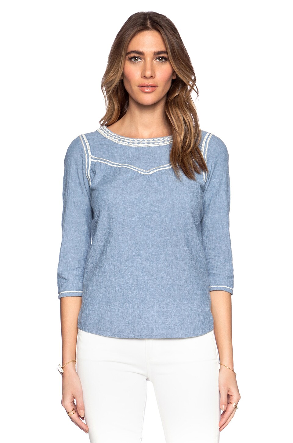 Maison Scotch Embroidered Chambray Top in Blue | REVOLVE