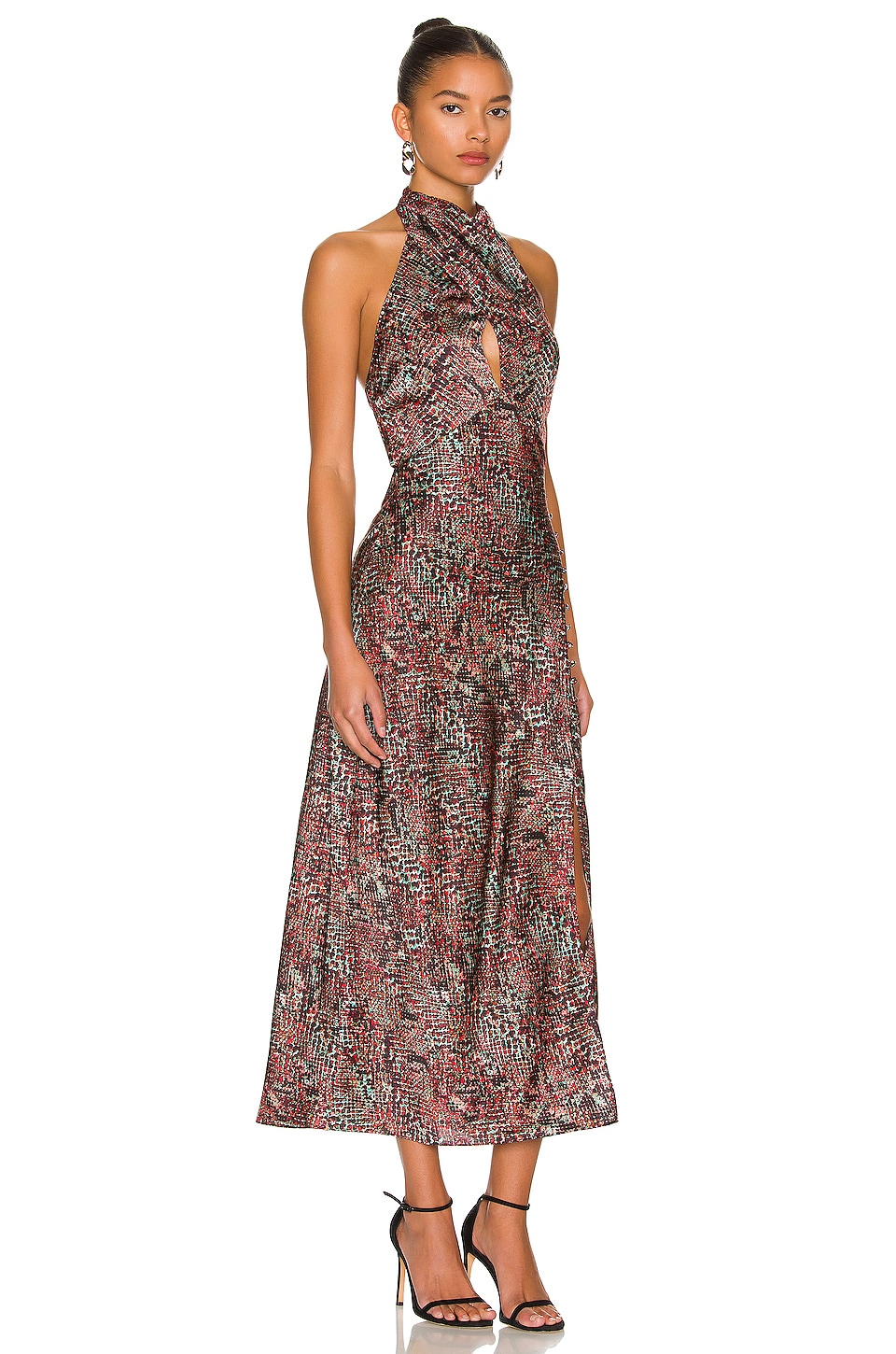 NICHOLAS Aline Cross Over Halter Midi Dress with Side Gather in Water ...