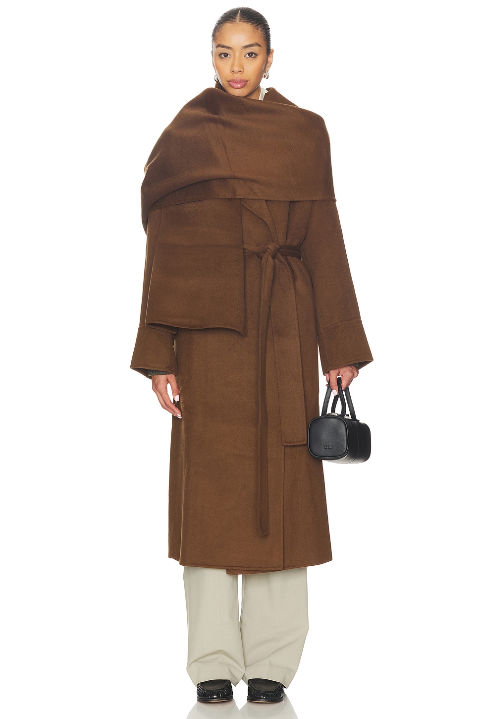 NICHOLAS Candice Scarf Double Wool Long Coat in Cacao | REVOLVE