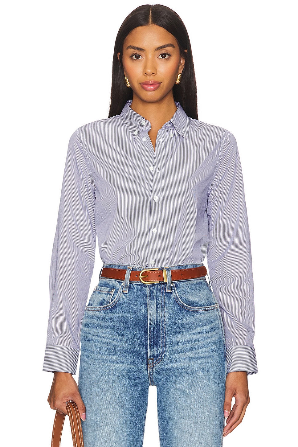 NILI LOTAN Dyllan Shrunken Shirt in Navy Stripes in Mini Navy Stripes ...