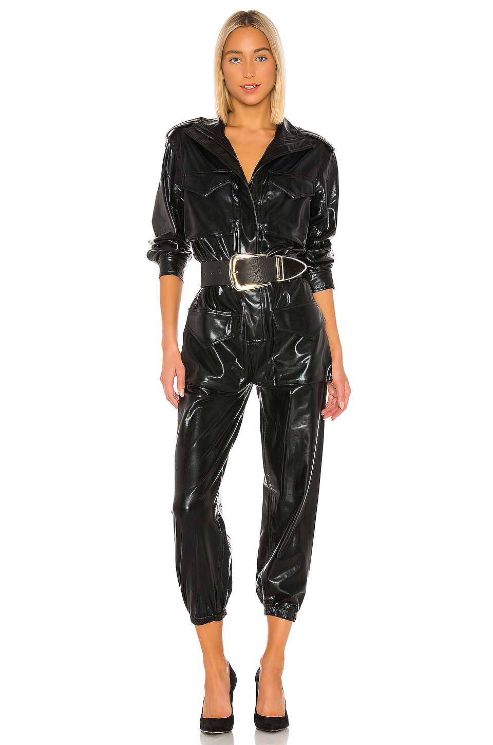 Norma Kamali Turtle Cargo Jumpsuit in Black Foil | REVOLVE