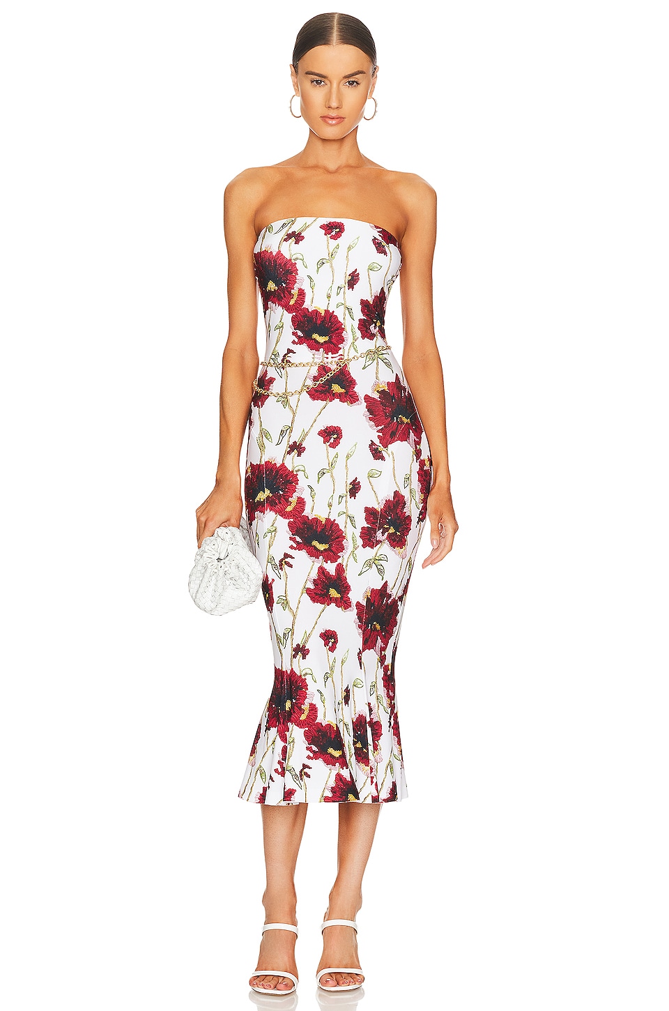 Norma Kamali Strapless Midi Fishtail Dress in White Poppy | REVOLVE