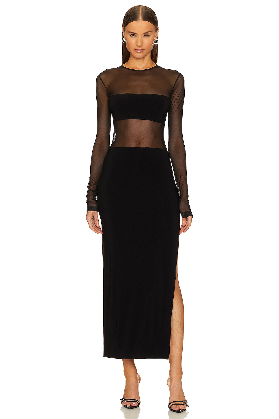 Norma Kamali Dash Dash Side Slit Gown in Black & Black Mesh | REVOLVE