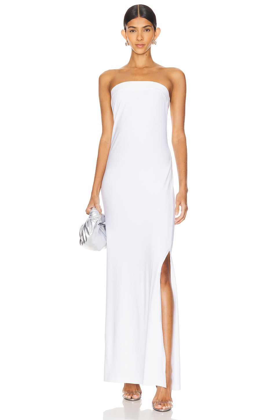 Norma Kamali Strapless Tailored Side Slit Gown in Snow White | REVOLVE