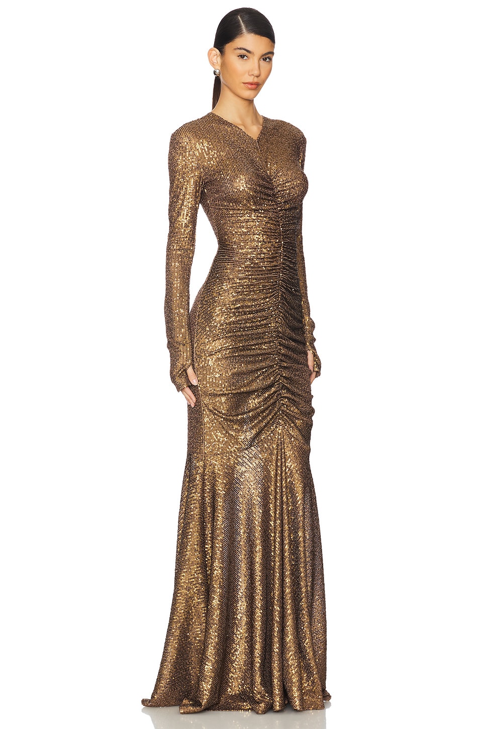 Norma Kamali Long Sleeve V Neck Shirred Front Fishtail Gown in Bronze | REVOLVE