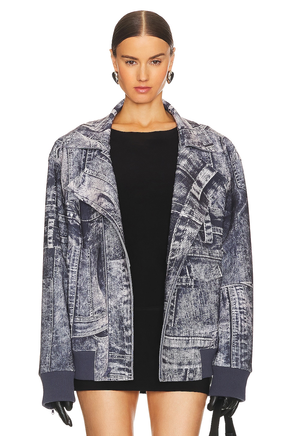 Norma Kamali Oversized Moto Jacket in Black & Navy Denim Print | REVOLVE
