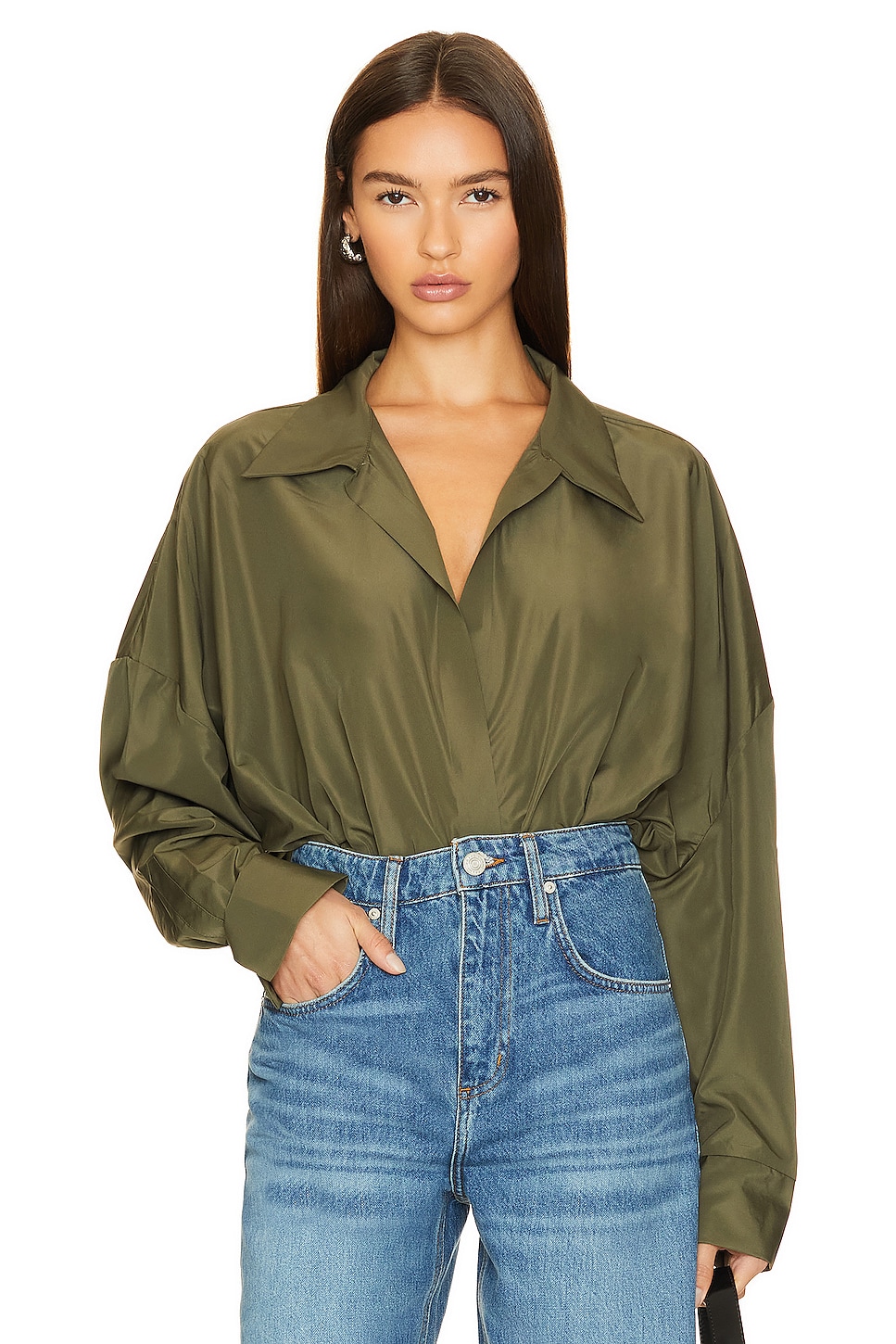 Norma Kamali Oversized Boyfriend Shirt Bodysuit in Military | REVOLVE