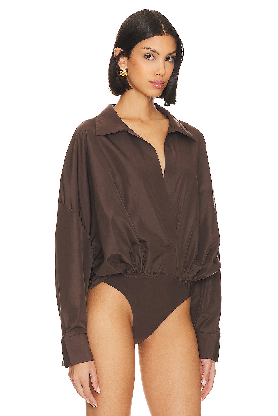 Norma Kamali Oversized Boyfriend Shirt Bodysuit in Chocolate | REVOLVE