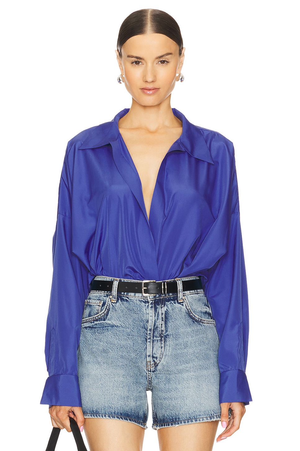Norma Kamali Super Oversized Boyfriend Shirt Bodysuit in Military Blue | REVOLVE