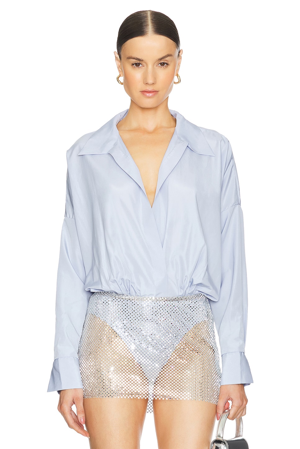 Norma Kamali Super Oversized Boyfriend Shirt Bodysuit in Misty Blue | REVOLVE