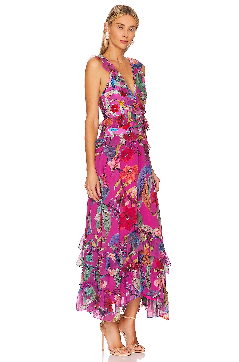 PatBO Zamia Ruffle V Neck Dress in Magenta | REVOLVE