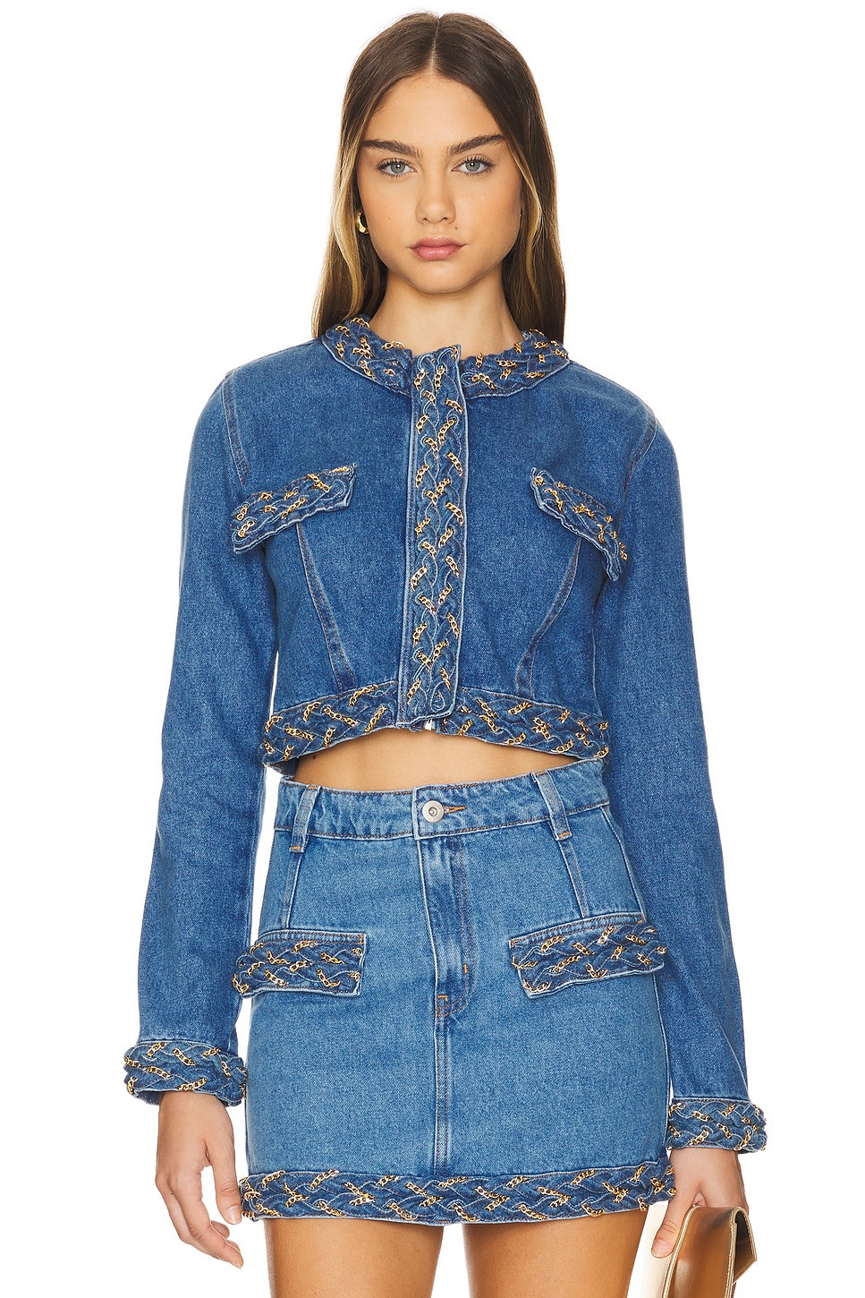 PatBO Braided Denim Cropped Jacket in Denim | REVOLVE