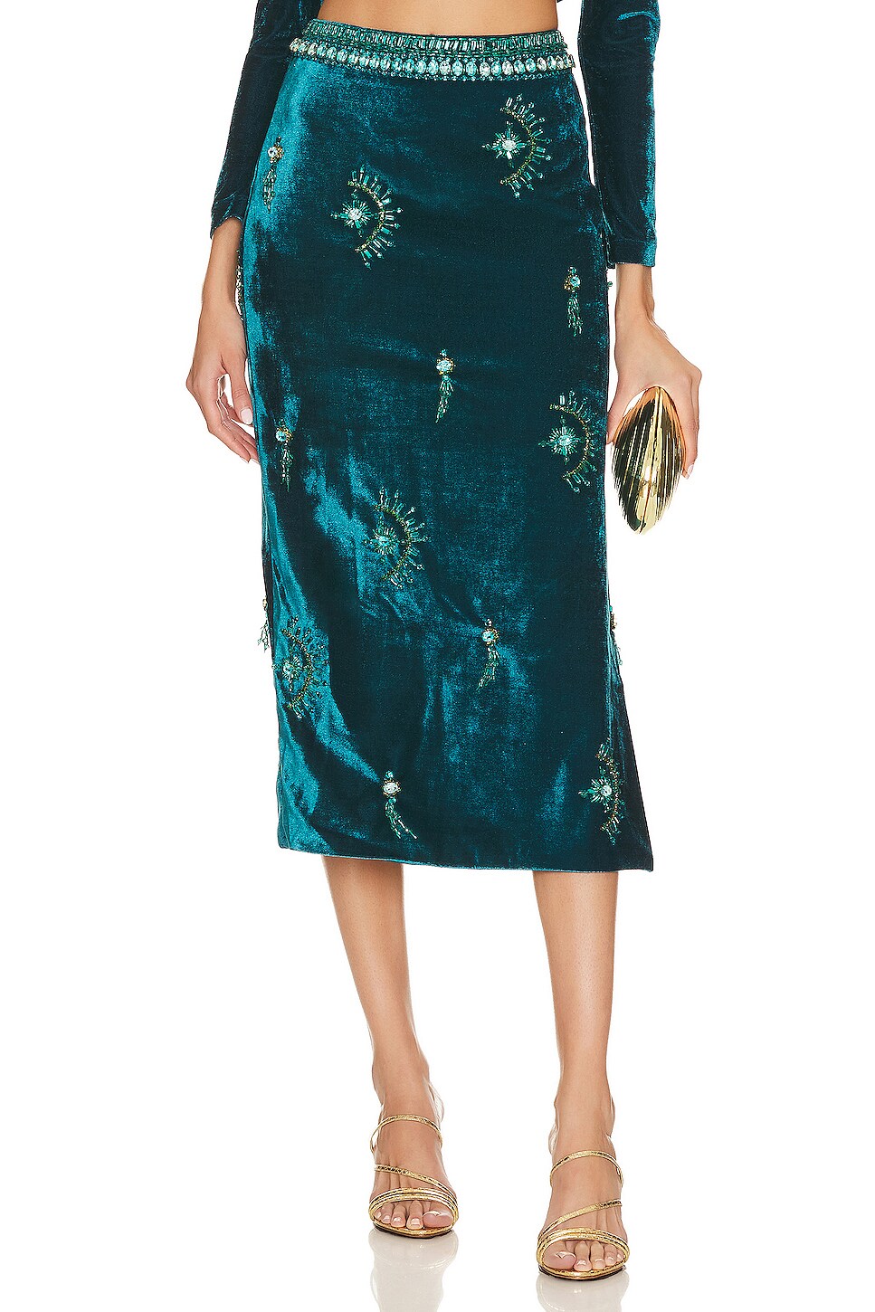 PatBO Hand-Beaded Velvet Midi Skirt in Azure | REVOLVE