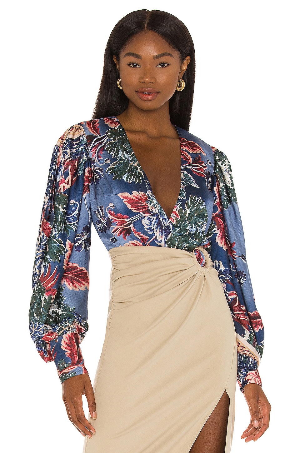 PatBO Gilly Print Plunge Bodysuit in Blue | REVOLVE