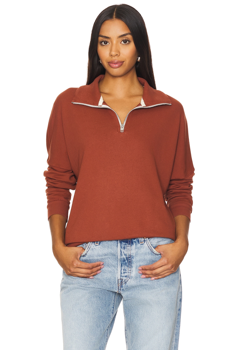 perfectwhitetee French Terry Half Zip Pullover in Russet | REVOLVE