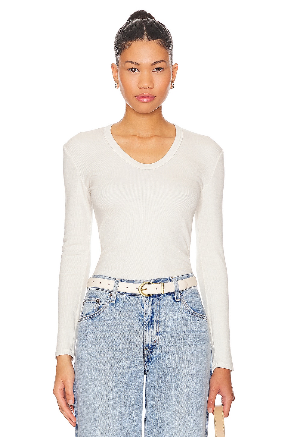perfectwhitetee U Neck Rib Long Sleeve in Sugar | REVOLVE