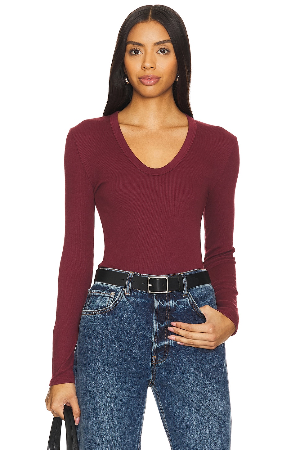 perfectwhitetee Luxe Rib Long Sleeve U Neck Top in Cranberry | REVOLVE