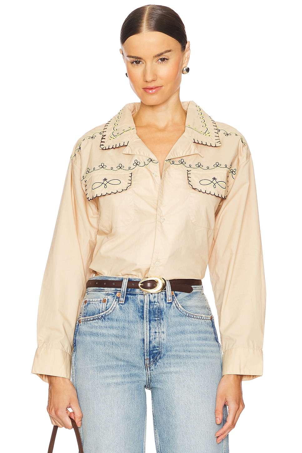 Found x REVOLVE Embroidered Button Up Shirt in Brown | REVOLVE