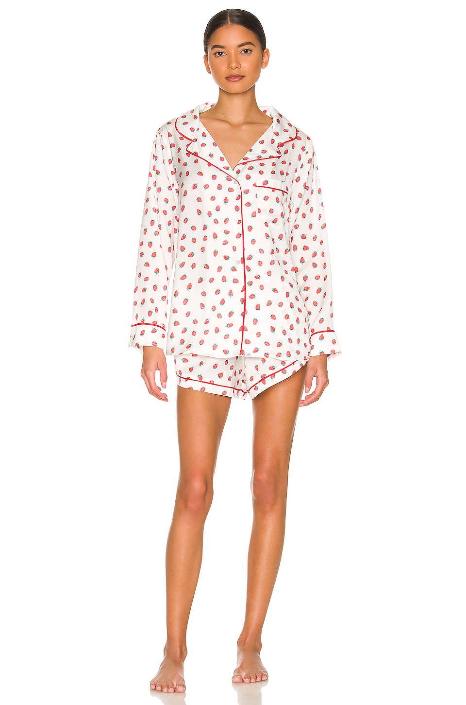 Plush Strawberry Faux Silk Pajama Set in White & Red | REVOLVE
