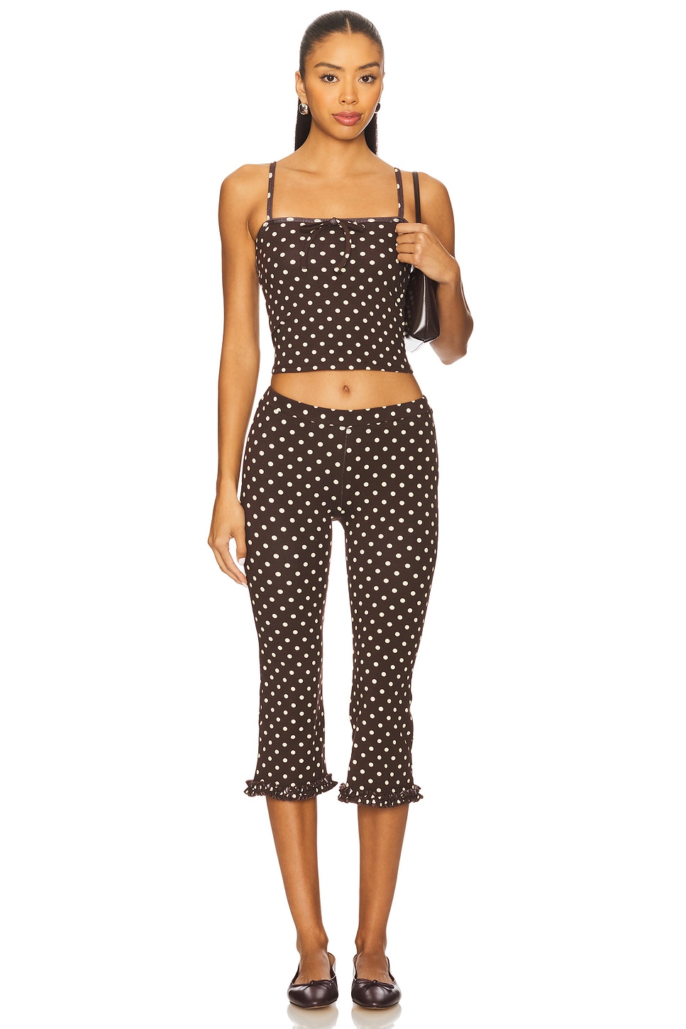 RAT BOI Ruffle Capri Pants in Brown Polka Dot | REVOLVE