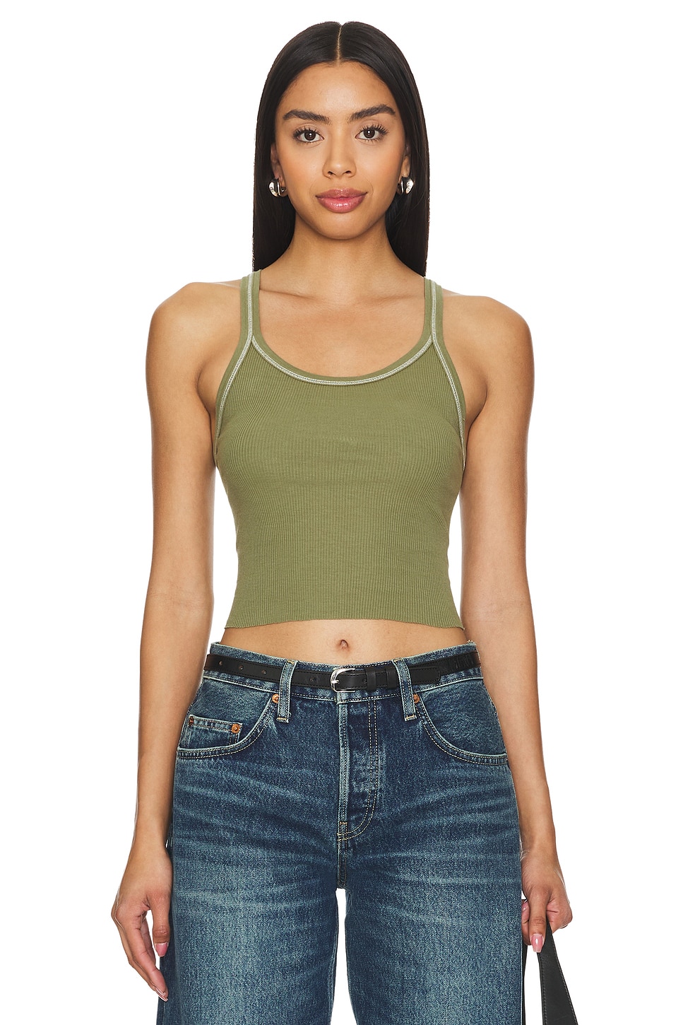 RE/DONE Cropped Ribbed Tank in Bayleaf & Ivory Stitches | REVOLVE