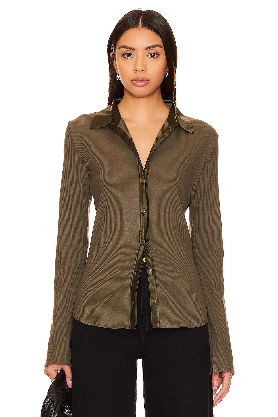 Rag & Bone The Ribbed Mix Media Button Down in Olive Night | REVOLVE