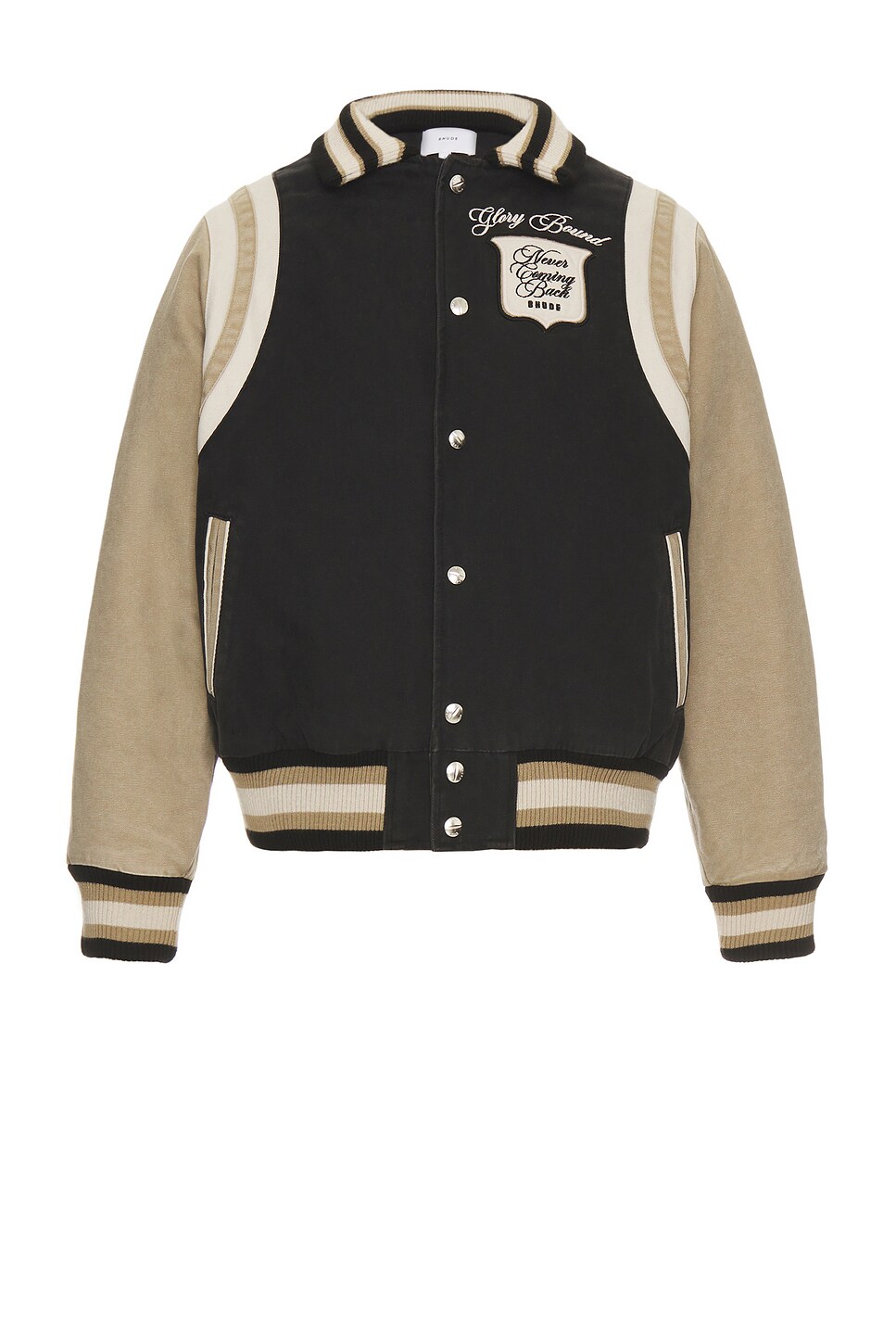 Rhude Varsity Jacket in Black, Khaki & Elephant | REVOLVE