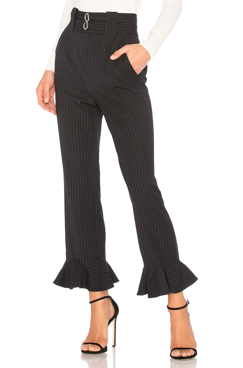 Rebecca Taylor Pinstripe Ruffle Pant in Navy Combo | REVOLVE