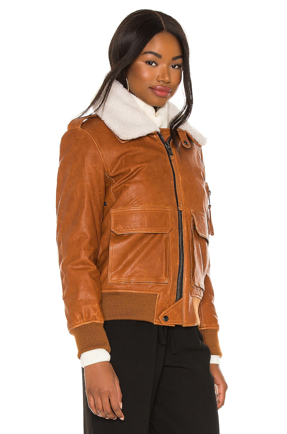 SAM. Fur Amelia Leather Bomber Jacket in Saddle | REVOLVE