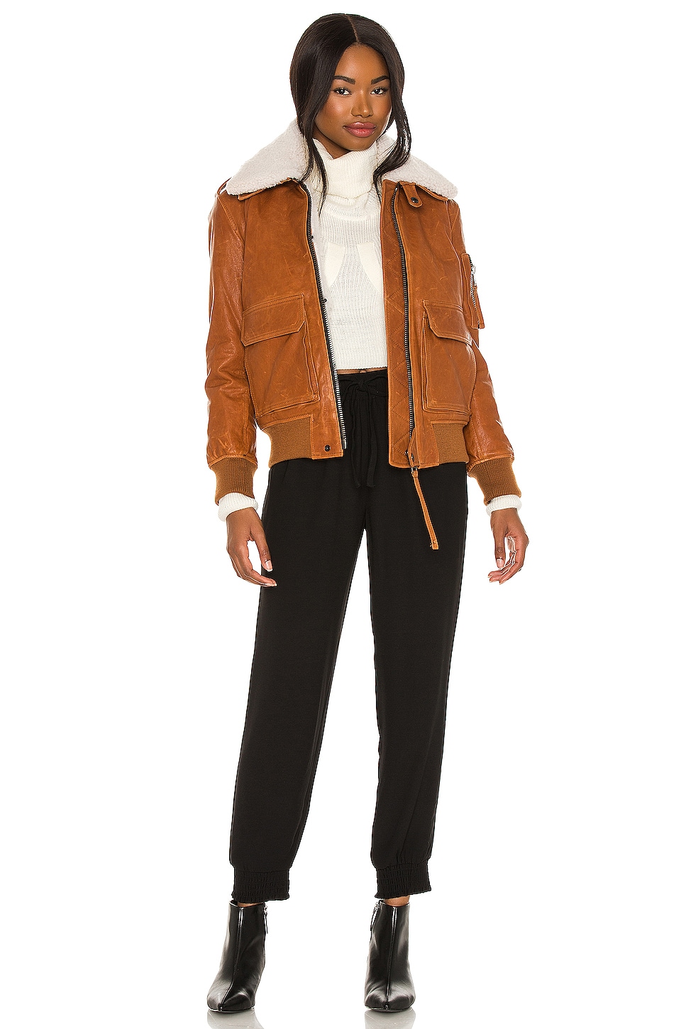 SAM. Fur Amelia Leather Bomber Jacket in Saddle | REVOLVE
