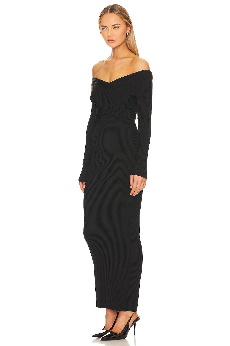 Studio Amelia Boa Wrapped Rib Dress in Black | REVOLVE