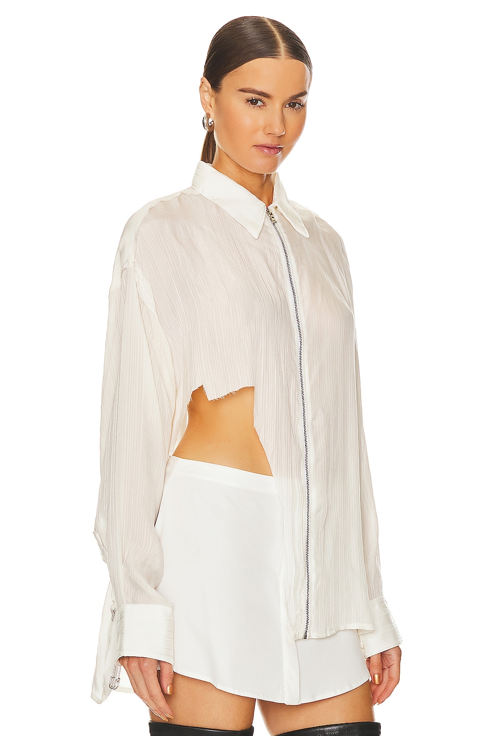 SAMI MIRO VINTAGE Undone Zip Up Collared Shirt in White | REVOLVE