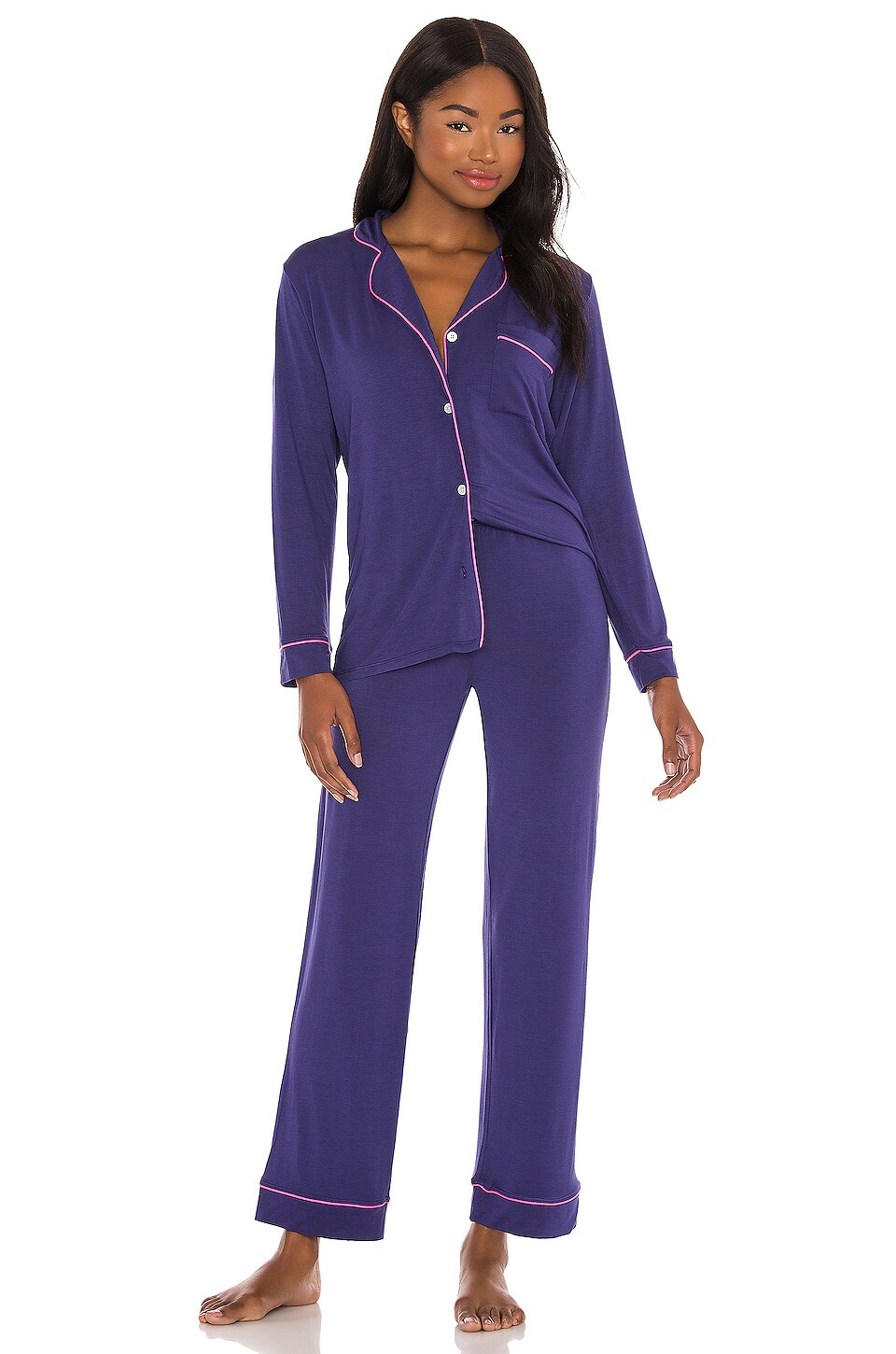 Stripe & Stare Pajama Set in Navy with Pink Trim | REVOLVE