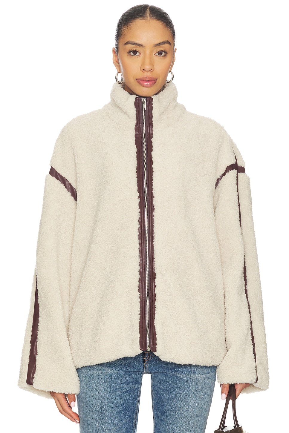 SNDYS Tatum Teddy Contrast Jacket in Beige | REVOLVE