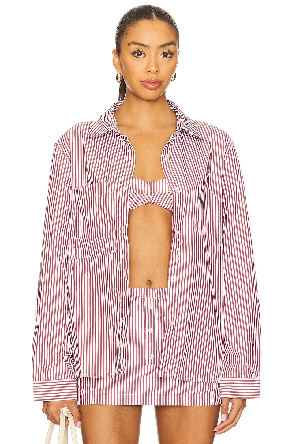SNDYS x REVOLVE Estelle Shirt in Cranberry Stripe | REVOLVE