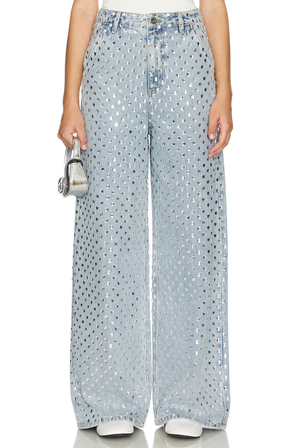 self-portrait Square Rhinestone Denim Jeans in Light Blue | REVOLVE